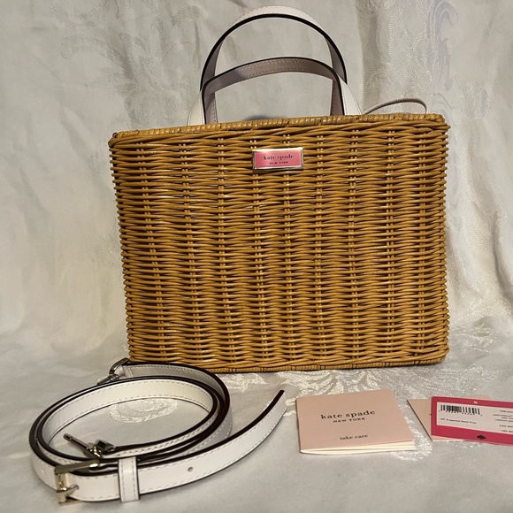 kate spade | Bags | Kate Spade Sam Wicker Medium Satchel With White And ...
